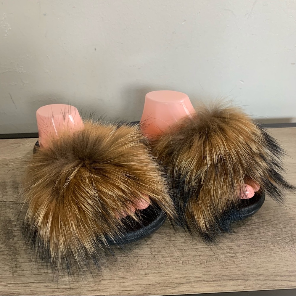 Gorgeous! Genuine Fox Fur Slides Summer Sandals 41 - Gem